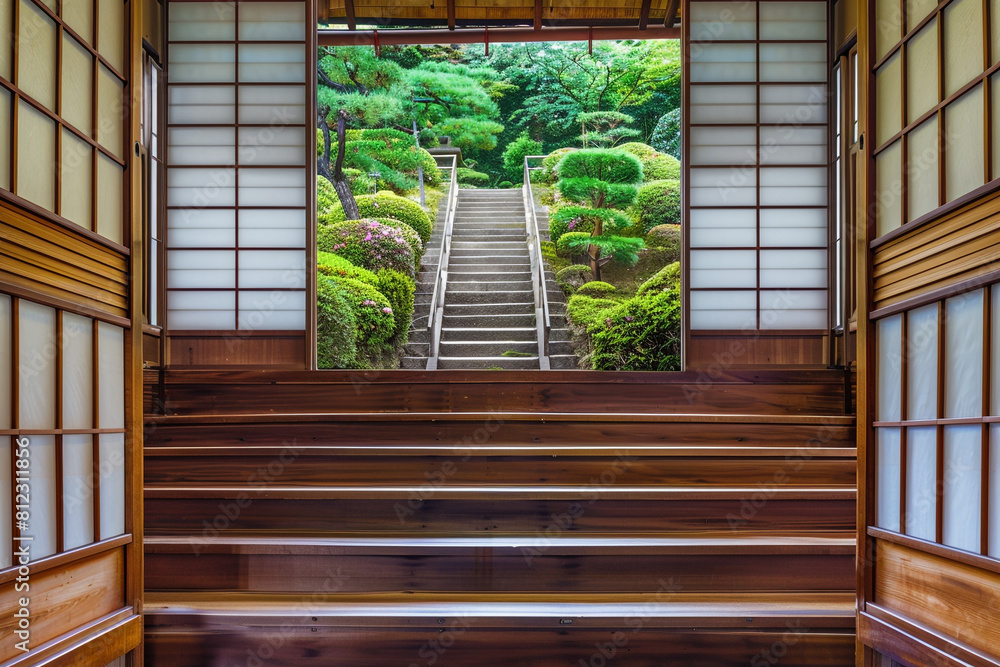 View through shoji screens of a traditional Japanese staircase in a ...