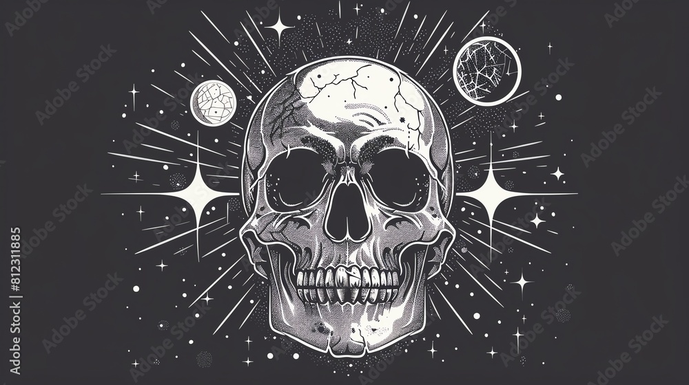 A skull floats in the starry void of space, its empty eye sockets ...
