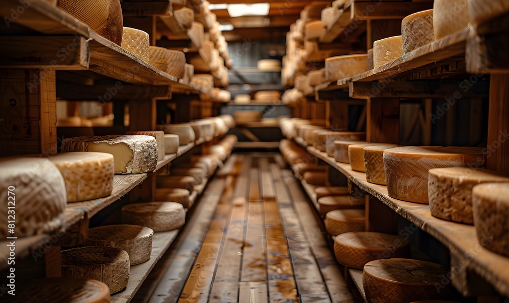 cheese maturation room brimming with wheels of cheese at a cheese ...
