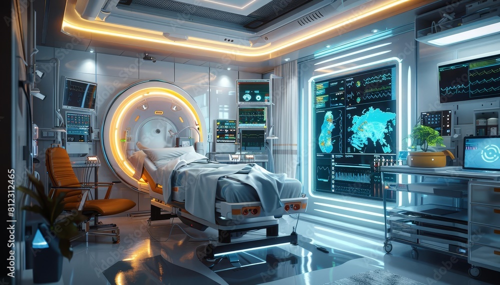 Illustrate a hospital room where a digital twin models patient health ...
