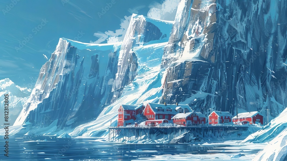 Illustrate a remote Arctic research station nestled among icy cliffs ...