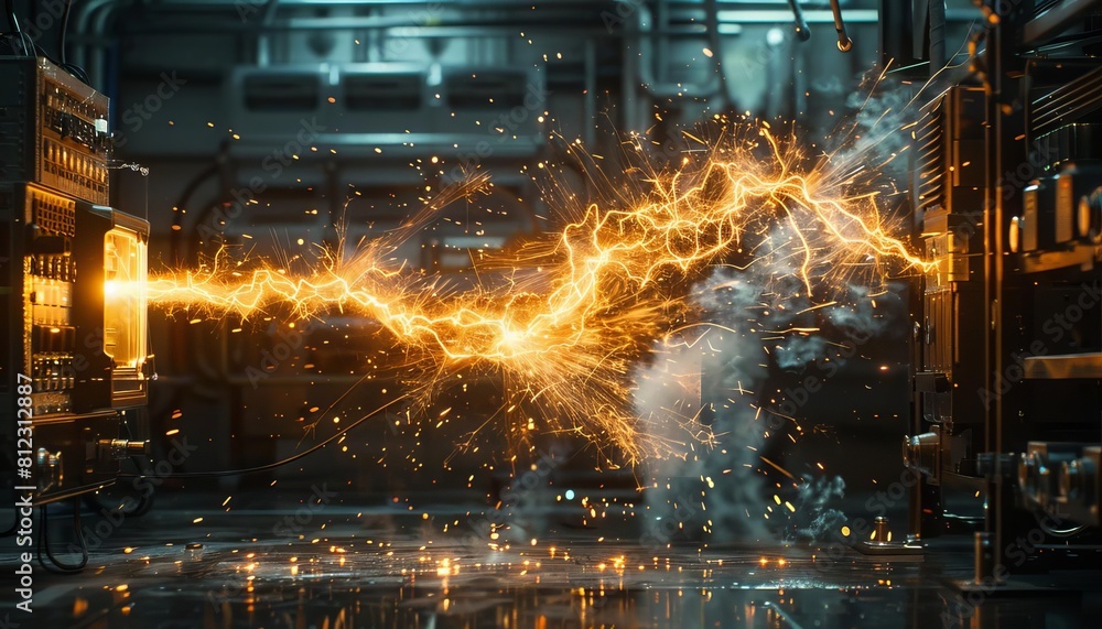 Illustrate a scene of electrical arcing, with sparks flying between two ...