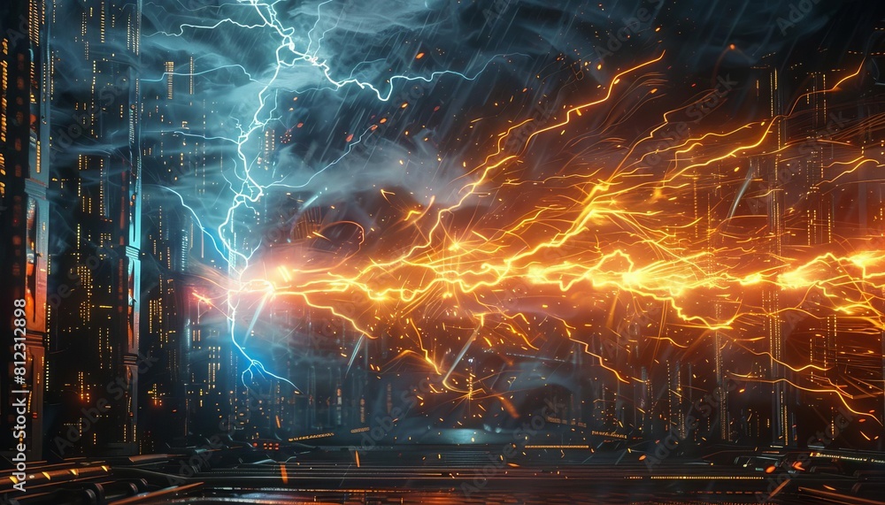 Illustrate a scene of electrical arcing, with sparks flying between two ...