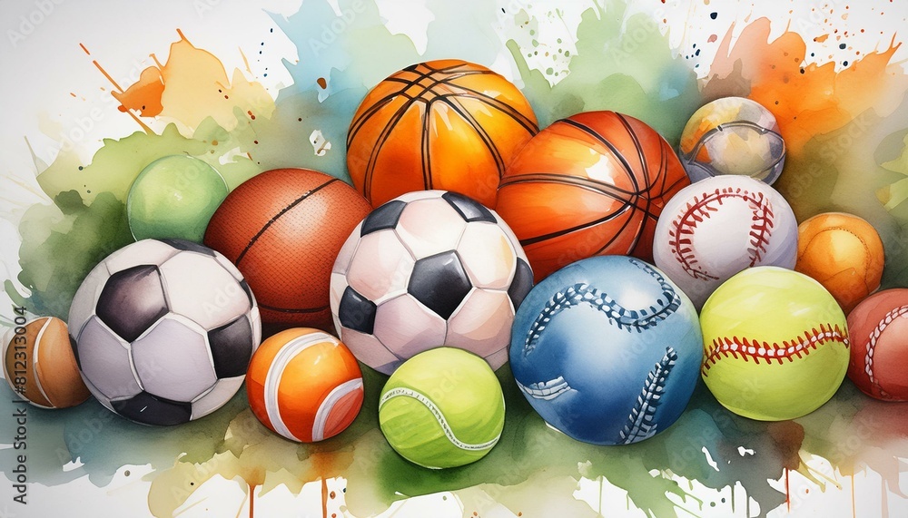 Watercolor Sports balls Hand drawn colorful clipart Stock Illustration ...