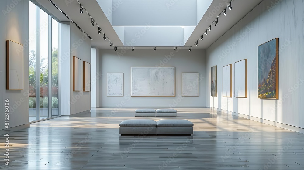 Illustrate a series of blank frames in a contemporary museum setting ...