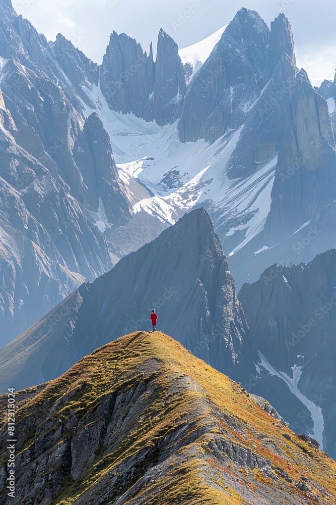 person dressed in red walking along a grassy mountain ridge or saddle ...