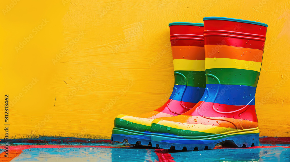 Colorful rainbow-patterned rubber boots on wet surface with yellow ...