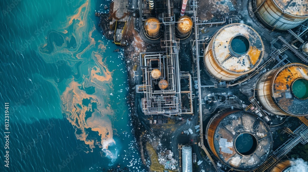 Pollution spotlight. industrial sites, landfills, oil spills, plastic ...