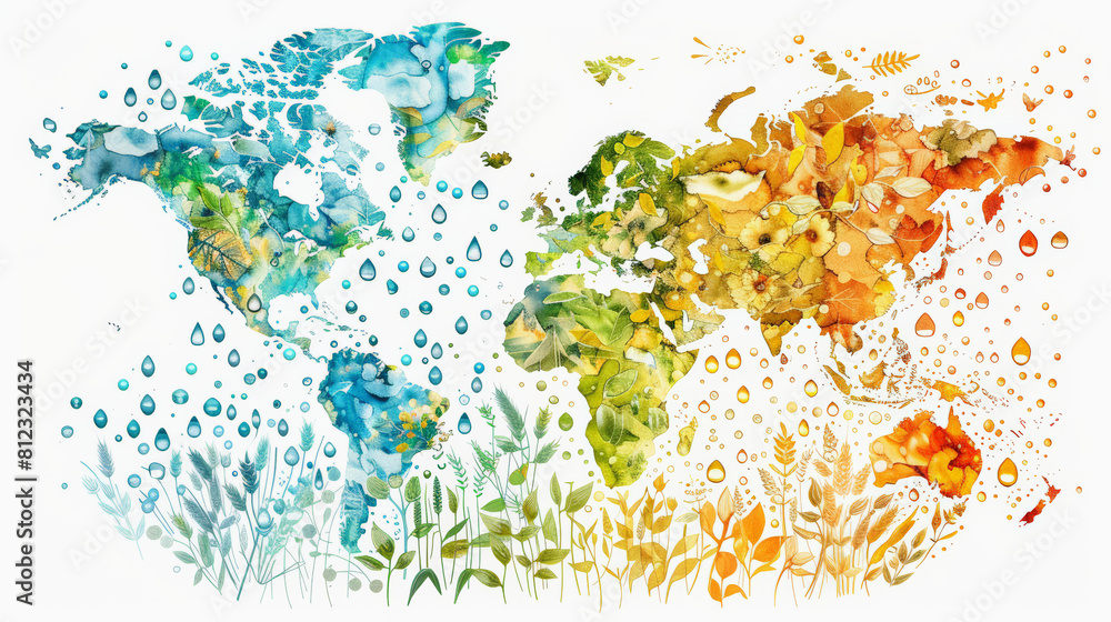 Abstract world map painted with a variety of nature-inspired colors and ...