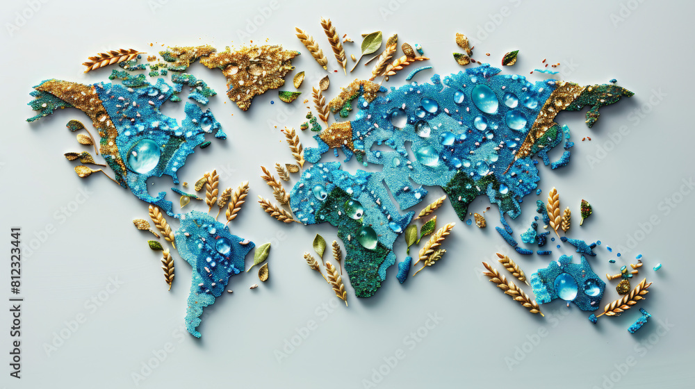 A stylized world map created with various natural materials like leaves ...