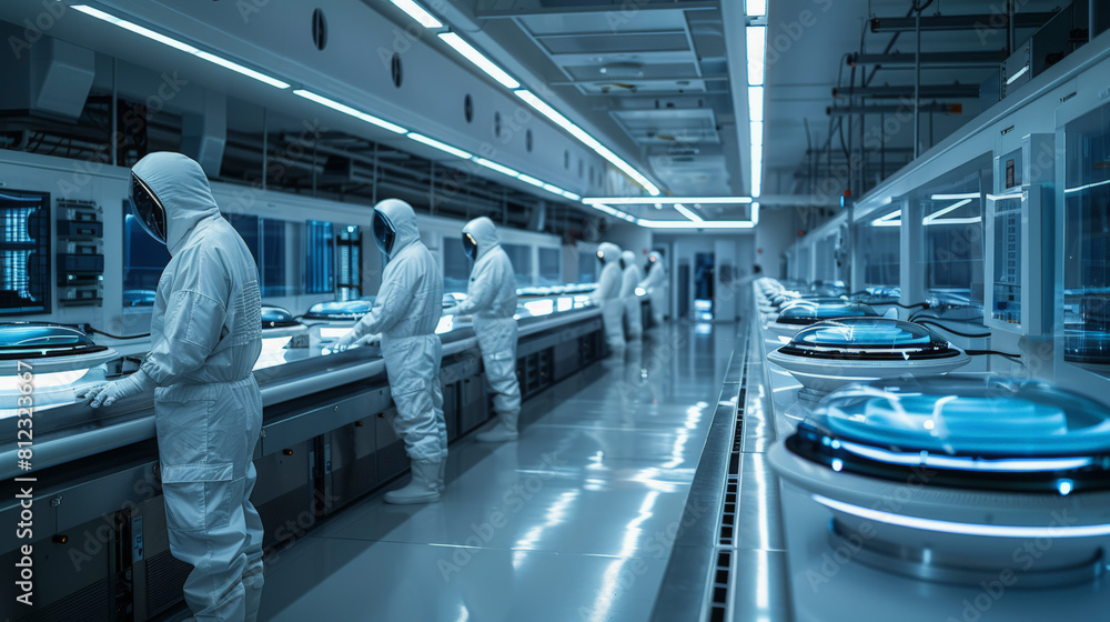 Technicians in clean suits working meticulously in a high-tech ...