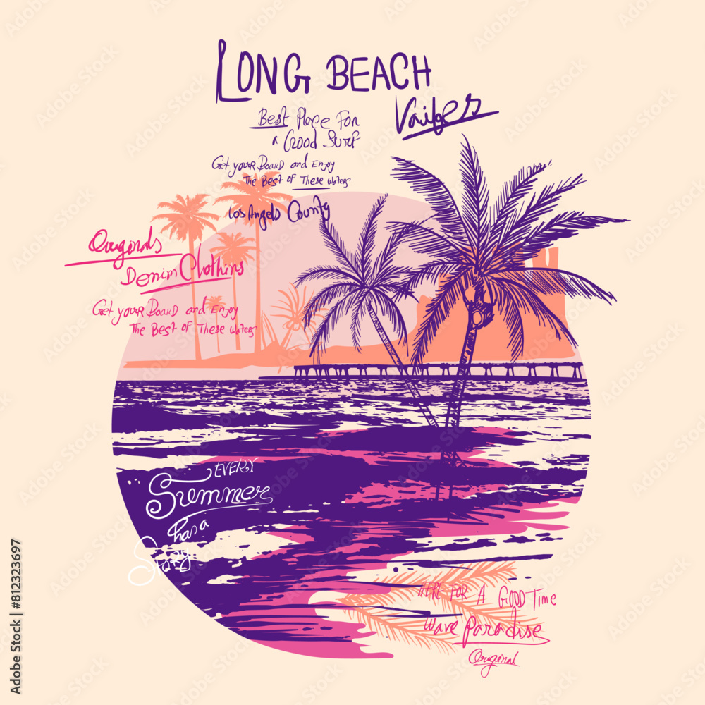 Long beach, summer vibes hand draw, summer beach slogan with beach ...