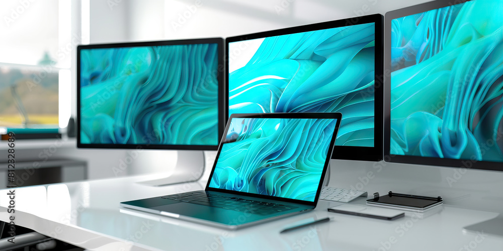 Modern Minimalist Desk: Clean white desk showcasing a stylish laptop ...