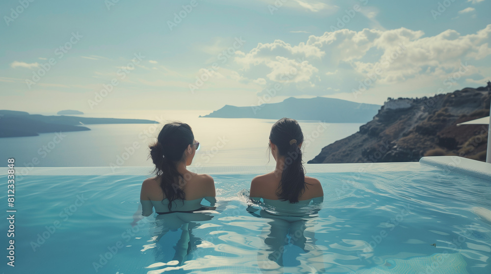 Two Asian women in bikinis stand side by side at the edge of an ...
