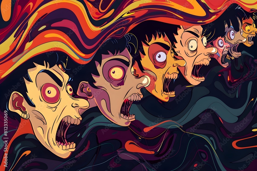 Unsettling Expressive Cartoon Characters in Sinister Abstract Backdrop ...