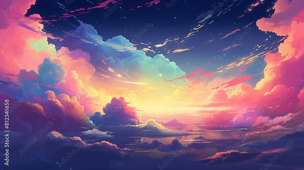 Hand drawn cartoon illustration of beautiful colorful clouds in the ...