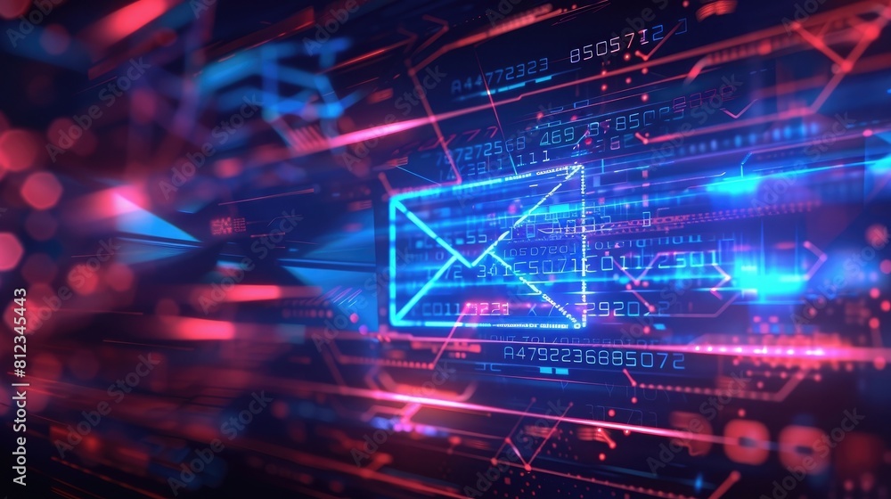 Abstract futuristic email icon on digital background with binary code ...