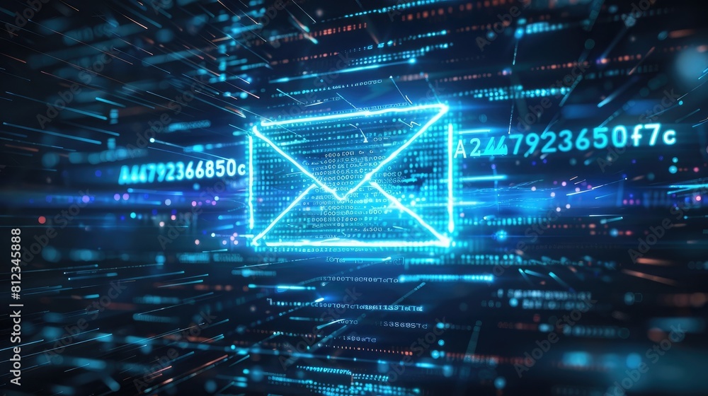 Abstract futuristic email icon on digital background with binary code ...