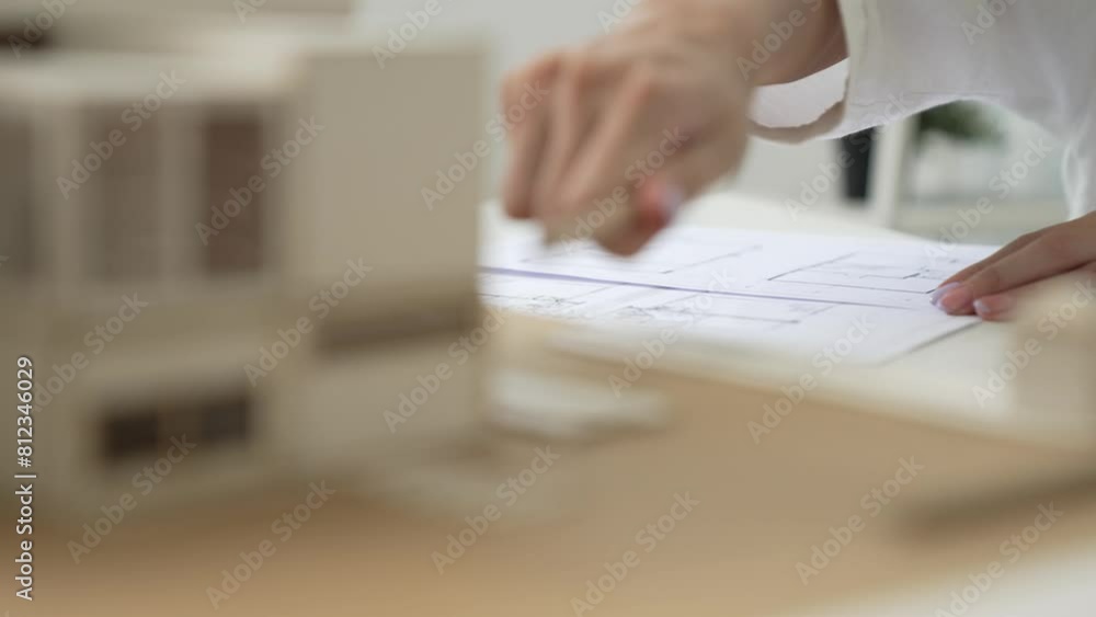 Close up of skilled young beautiful architect engineer hand writing ...