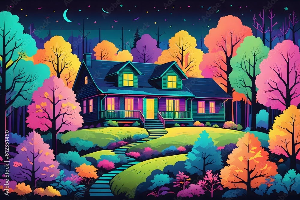 illustration of night time color the woods with one house neon many ...