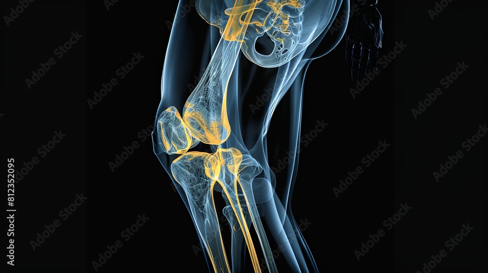 An X-ray blue of a knee with the knee joint highlighted in yellow ,MRI ...