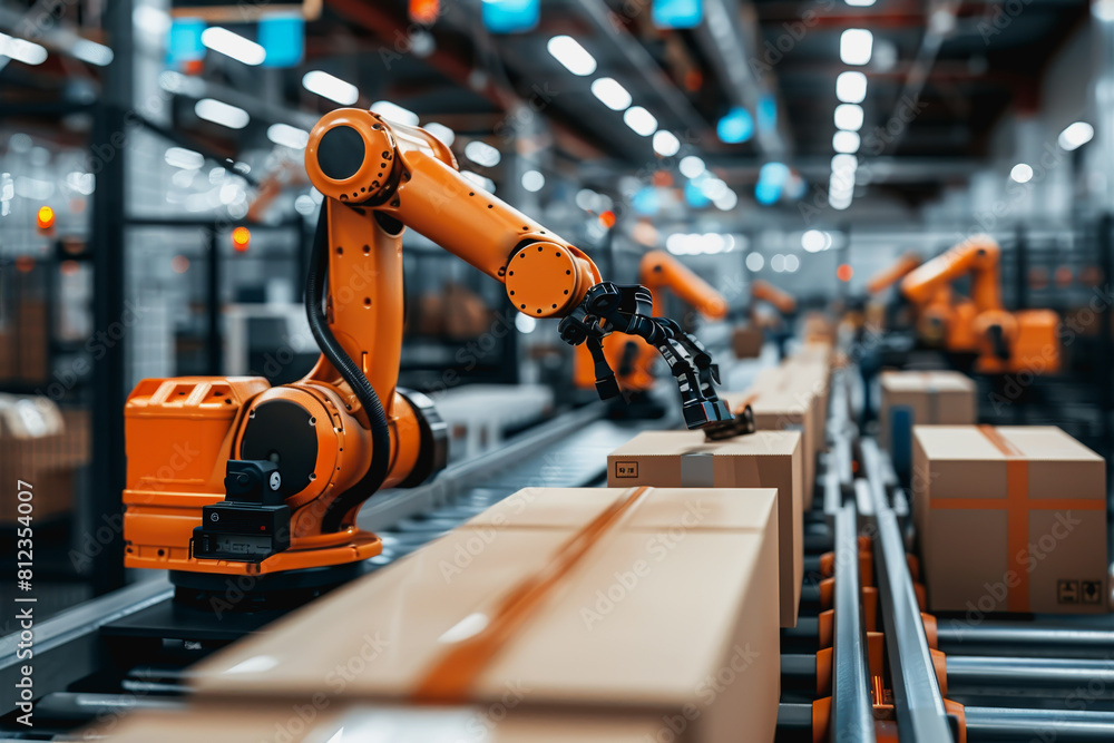 Robot arms in a warehouse preparing boxes for delivery on a conveyor ...