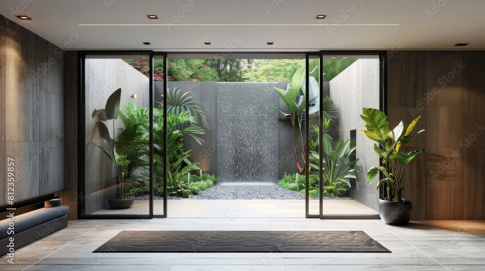 Beautiful modern home entrance with a water fountain and plants, a ...