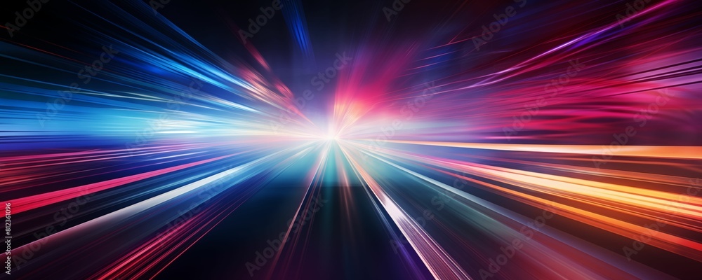 Fast red and blue streaks in a dark space. A long road with colorful ...