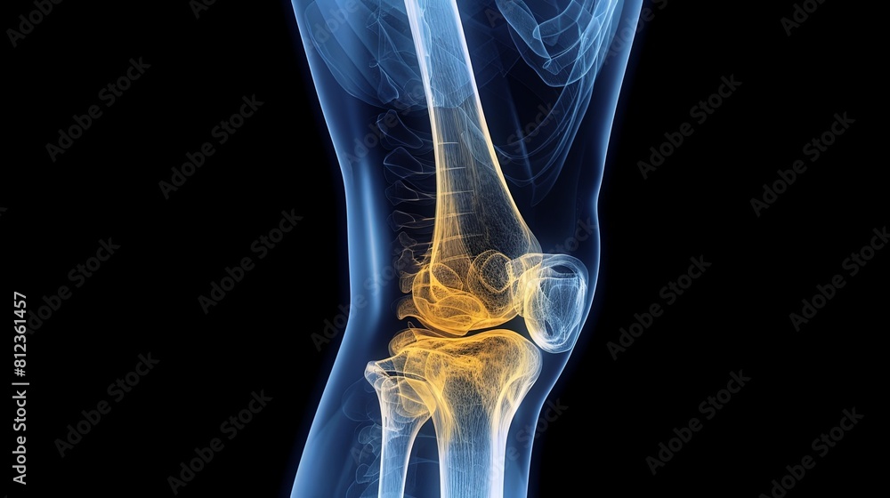 An X-ray blue of a knee with the knee joint highlighted in yellow ,MRI ...