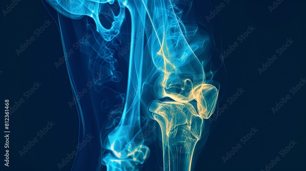 An X-ray blue of a knee with the knee joint highlighted in yellow ,MRI ...