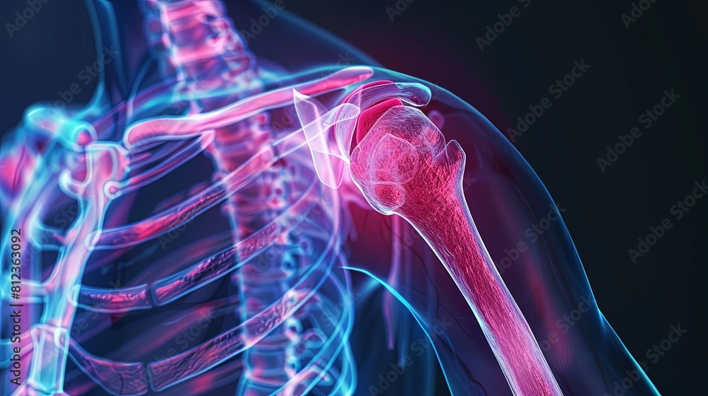 An X-ray blue of a shoulder with the upper arm and shoulder joint ...