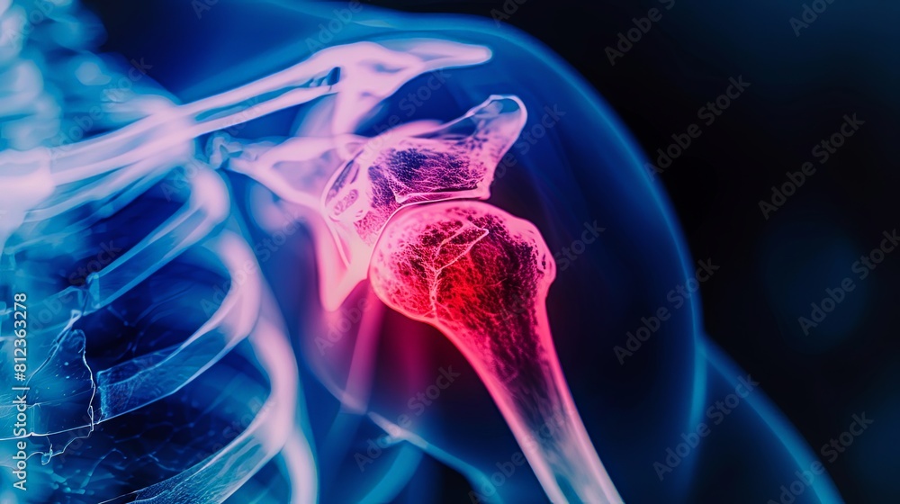 An X-ray blue of a shoulder with the upper arm and shoulder joint ...