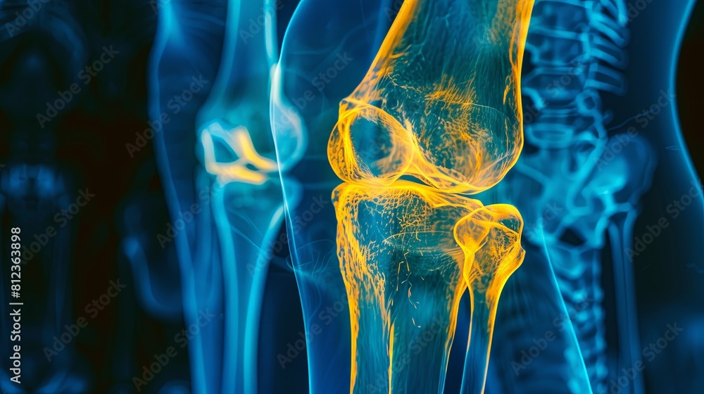 An X-ray blue of a knee with the knee joint highlighted in yellow ,MRI ...