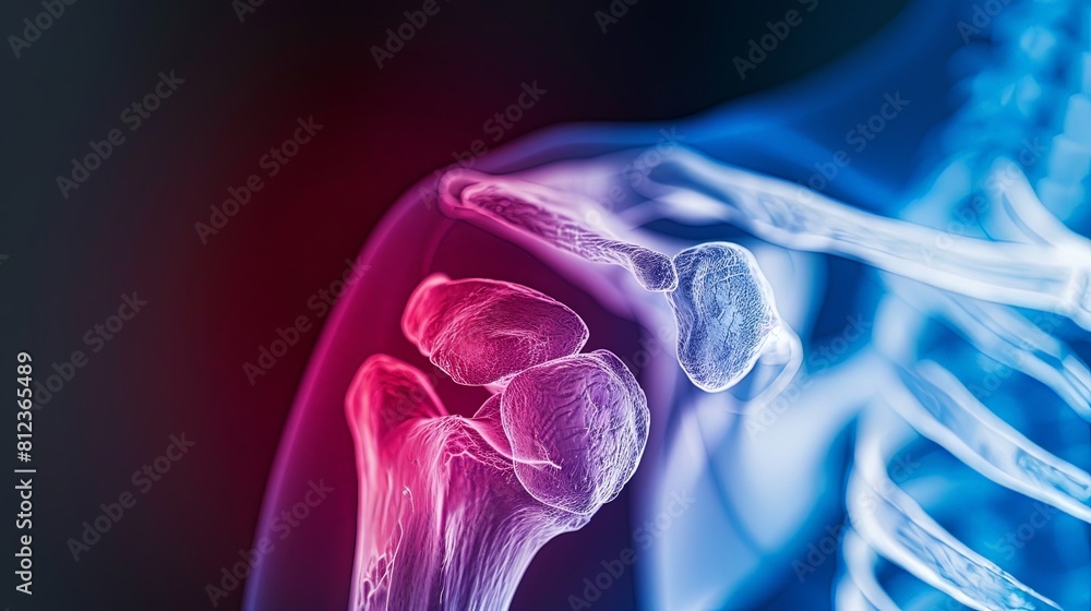 An X-ray blue of a shoulder with the upper arm and shoulder joint ...