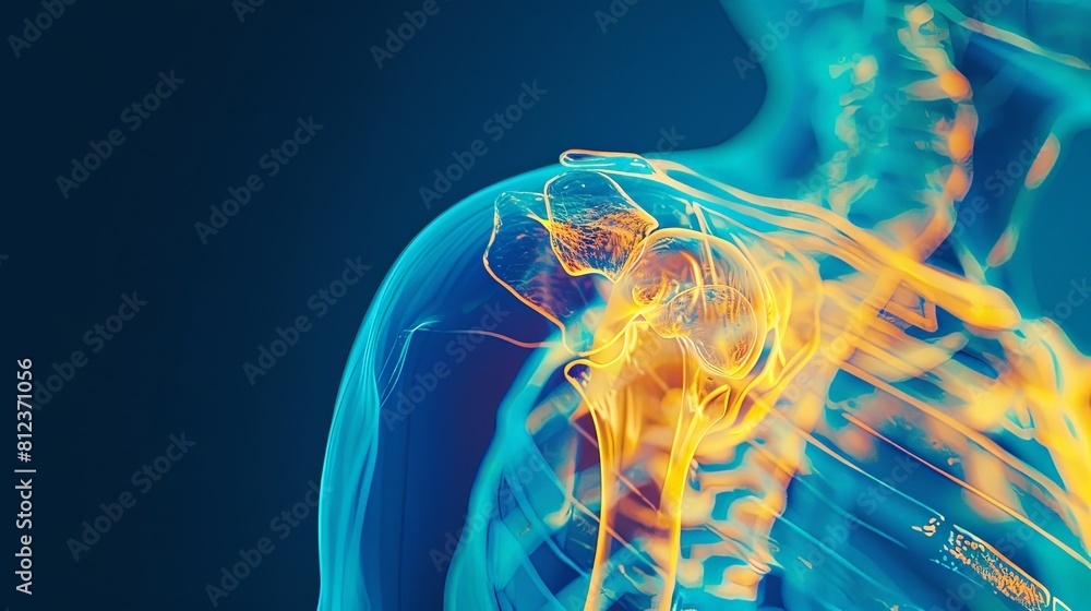 An X-ray blue of a shoulder with the upper arm and shoulder joint ...