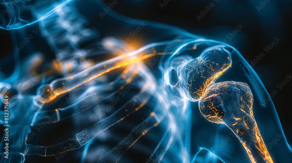 An X-ray blue of a shoulder with the upper arm and shoulder joint ...