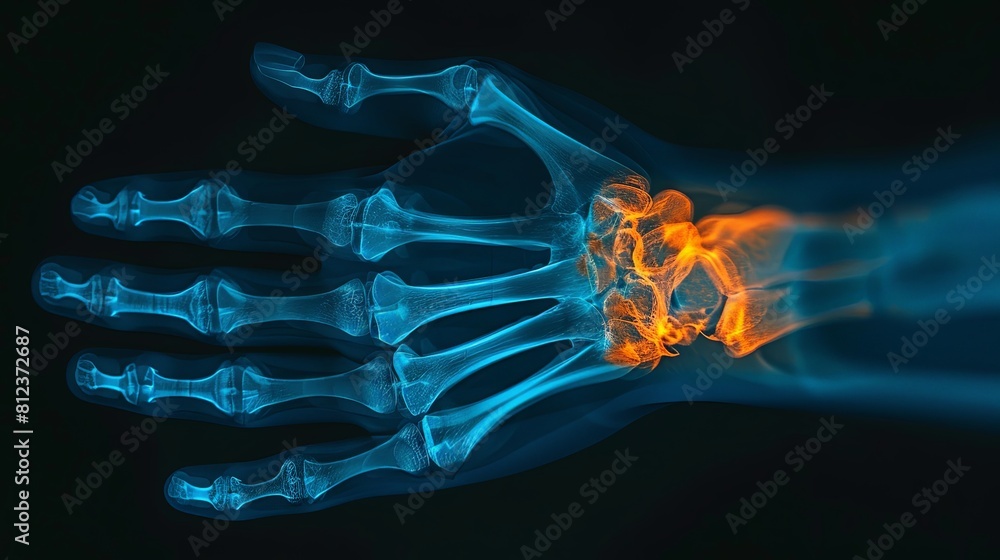 An X-ray blue of a hand with the wrist joint highlighted in yellow ...