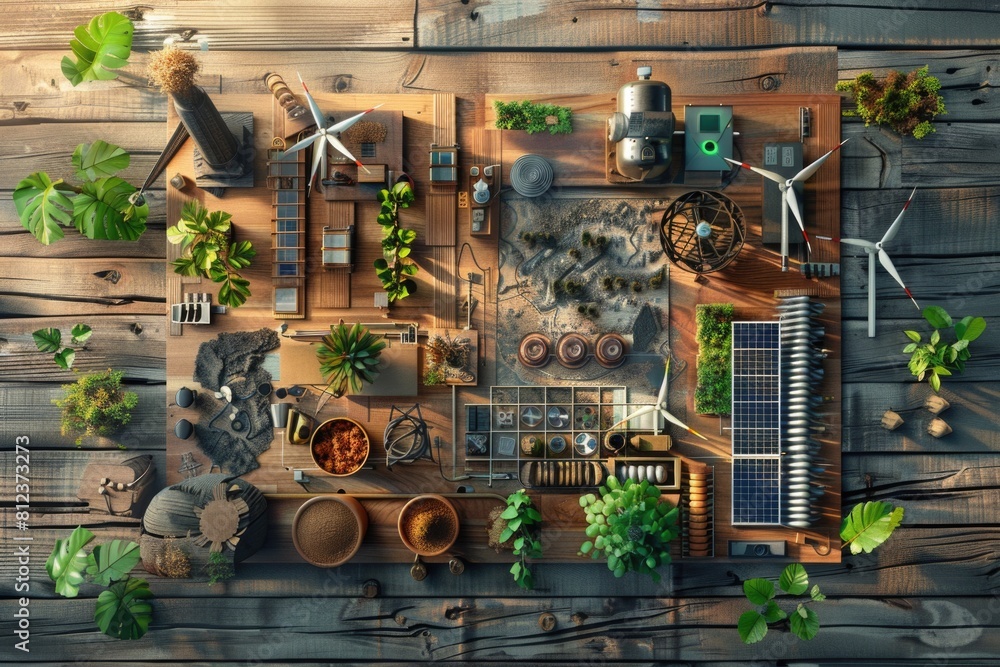 Renewable energy display with solar panels, wind turbines, and dams on ...