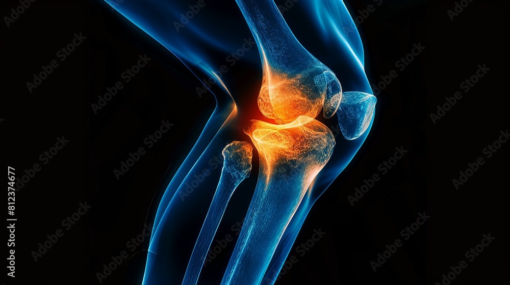 An X-ray blue of a knee with the knee joint highlighted in yellow ,MRI ...