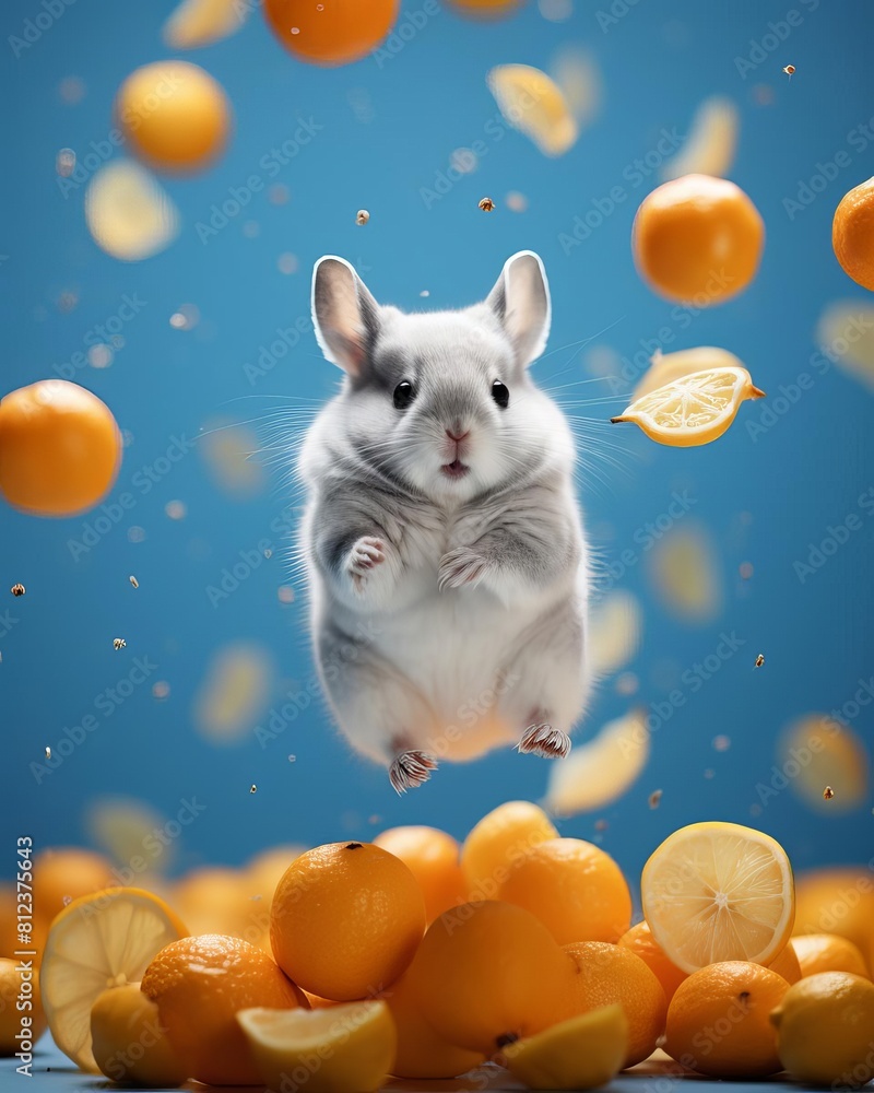 levitating chinchilla surrounded with floating dried fruits, light indigo pastel color ...