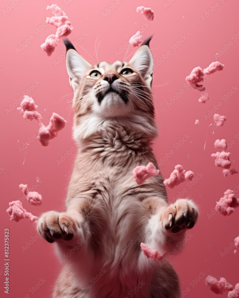 levitating lynx surrounded with floating meat pieces, light burgundy ...
