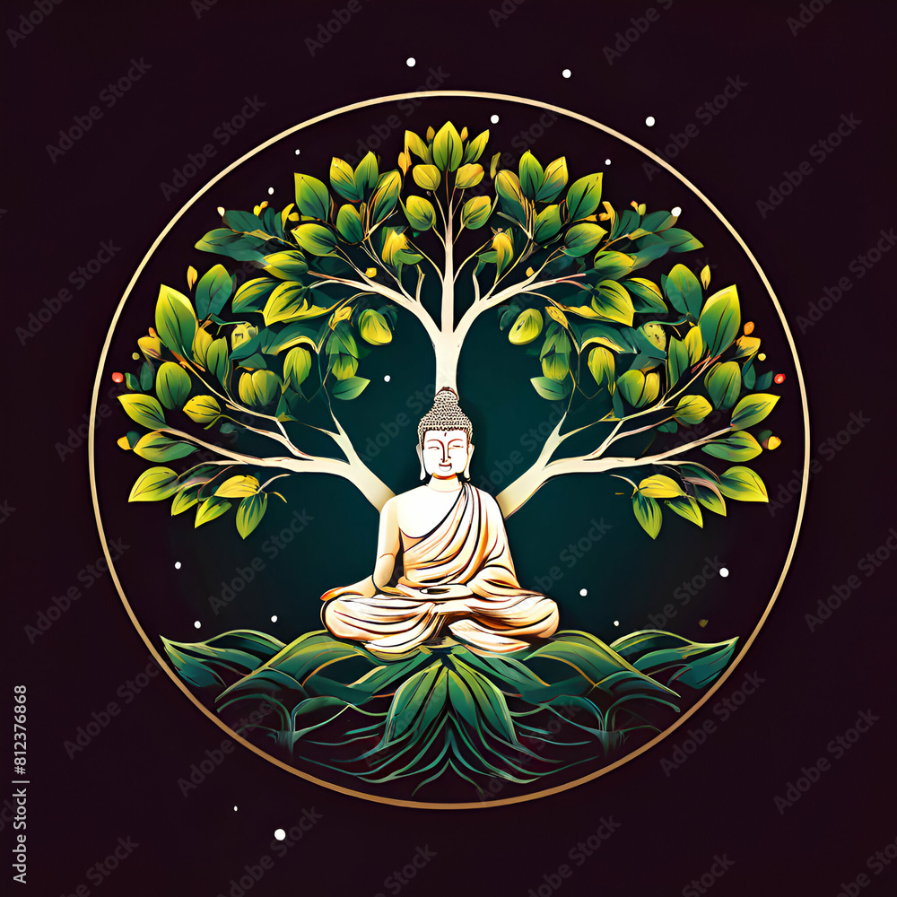 vesak day banner card with buddha sign in bodhi leaf tree vector design ...