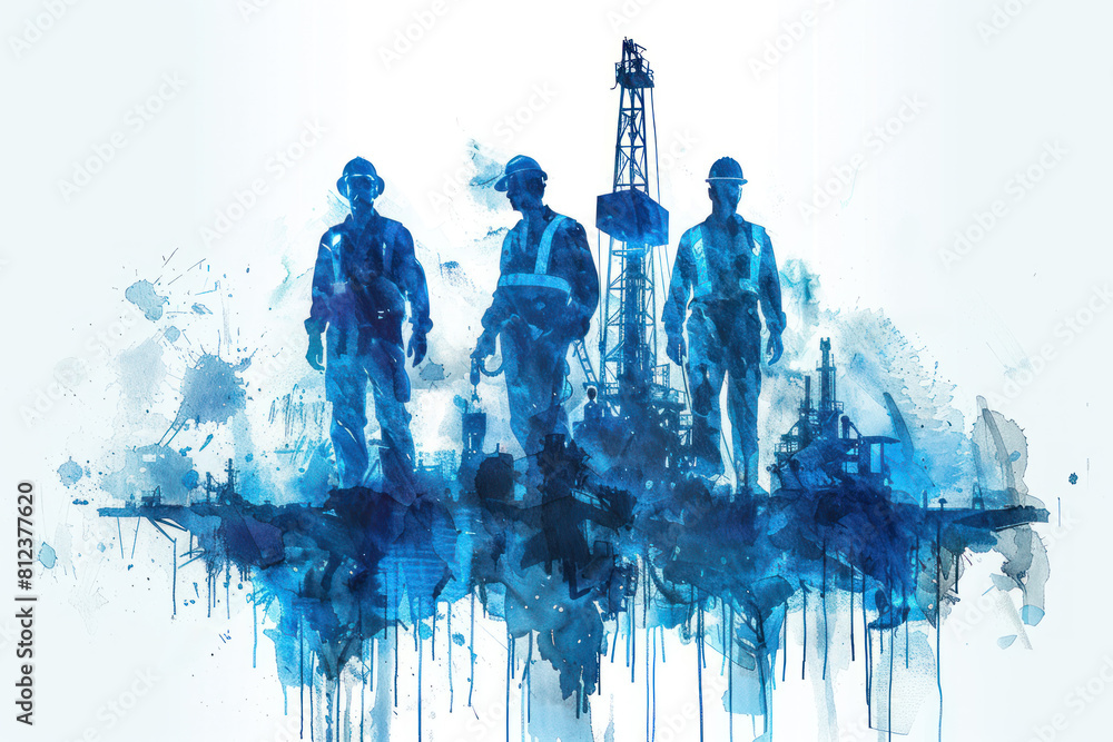 Blue watercolor paint of engineers working on offshore oil and gas ...