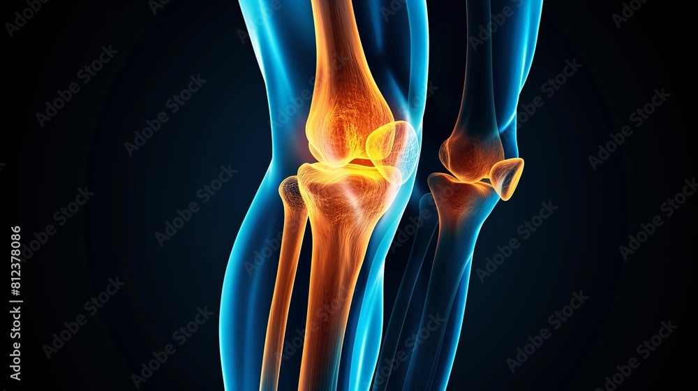 An X-ray blue of a knee with the knee joint highlighted in yellow ,MRI ...