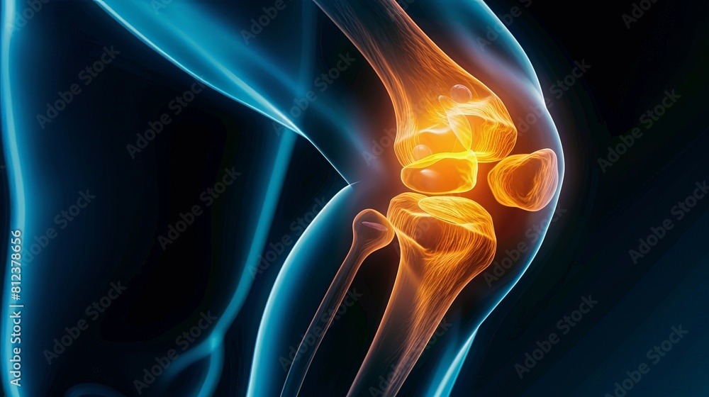 An X-ray blue of a knee with the knee joint highlighted in yellow ,MRI ...