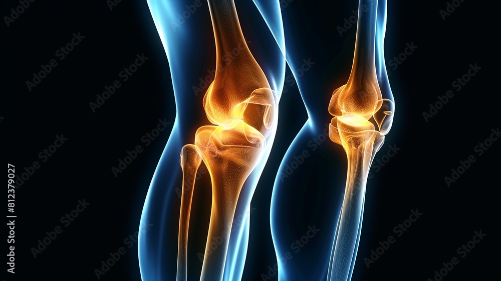 An X-ray blue of a knee with the knee joint highlighted in yellow ,MRI ...
