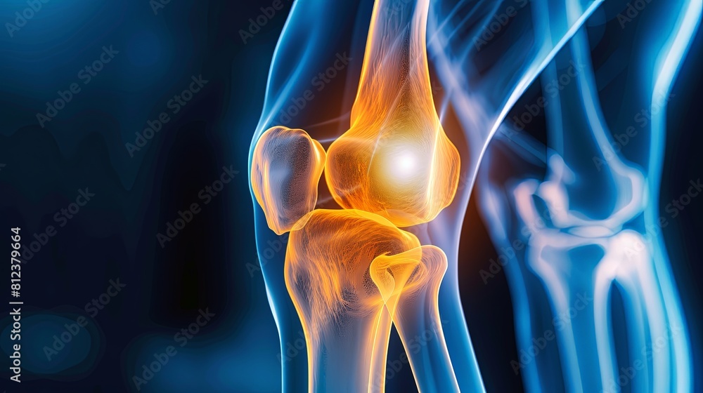 An X-ray blue of a knee with the knee joint highlighted in yellow ,MRI ...