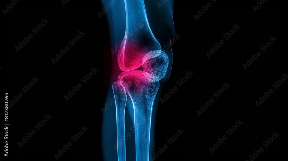 ภาพประกอบสต็อก An X-ray blue of a knee with the knee joint highlighted ...
