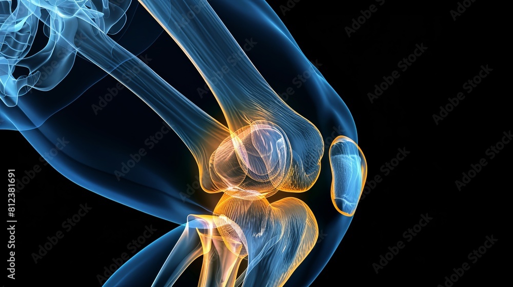 An X-ray blue of a knee with the knee joint highlighted in yellow ,MRI ...