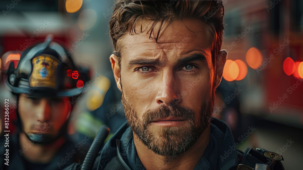 Unified heroes: Soldier, police officer, firefighter, standing tall ...